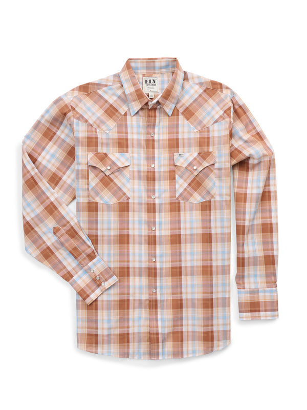 Men's Ely Cattleman Long Sleeve Textured Plaid Western Snap Shirt- Gol