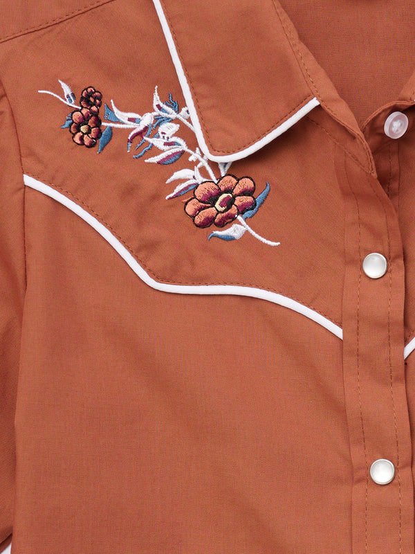 Girl's Ely Cattleman Solid Rust Western Snap Shirt with Floral Embroid