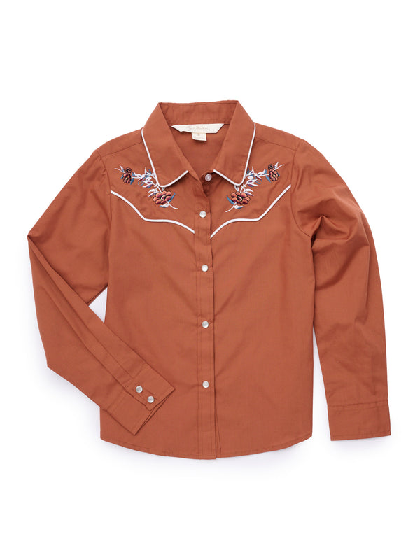 Girl's Ely Cattleman Solid Rust Western Snap Shirt with Floral Embroid