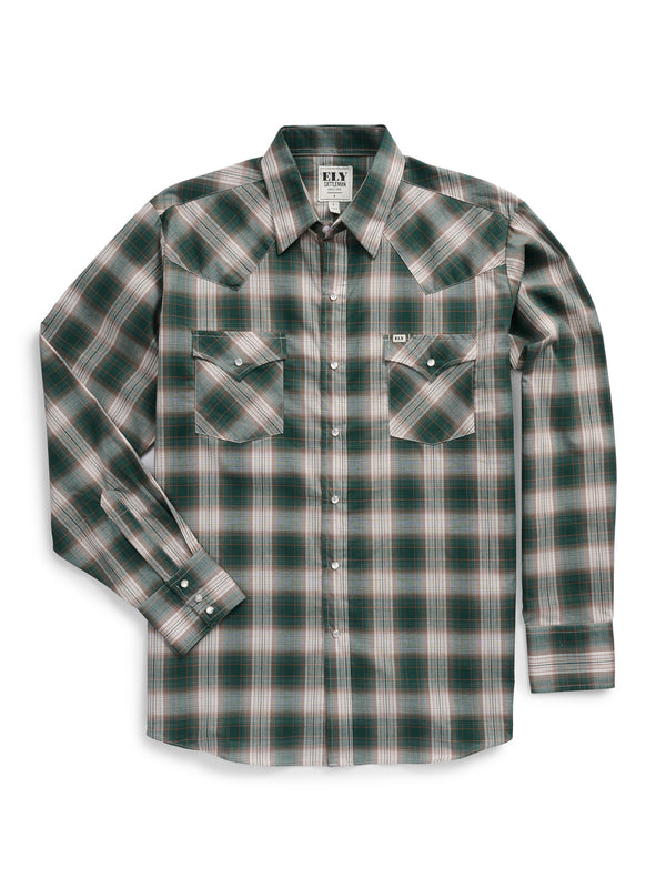 Men's Ely Cattleman Long Sleeve Textured Plaid Western Snap Shirt- Gre